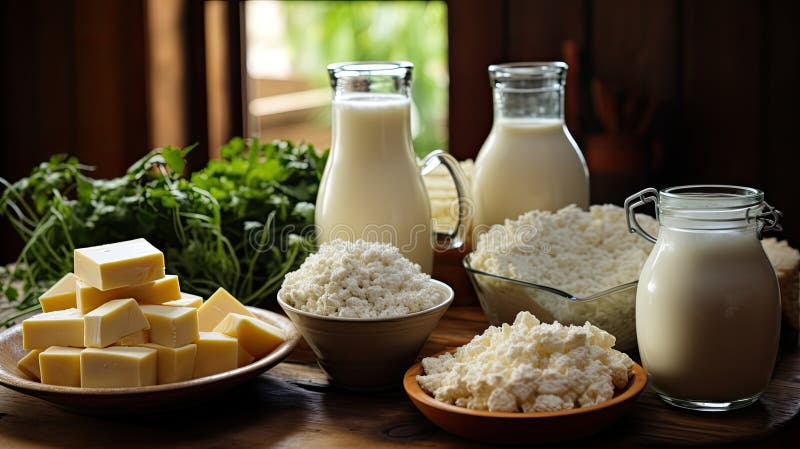 Milk and Several Types of Cheese and Cottage Cheese Stock Illustration ...
