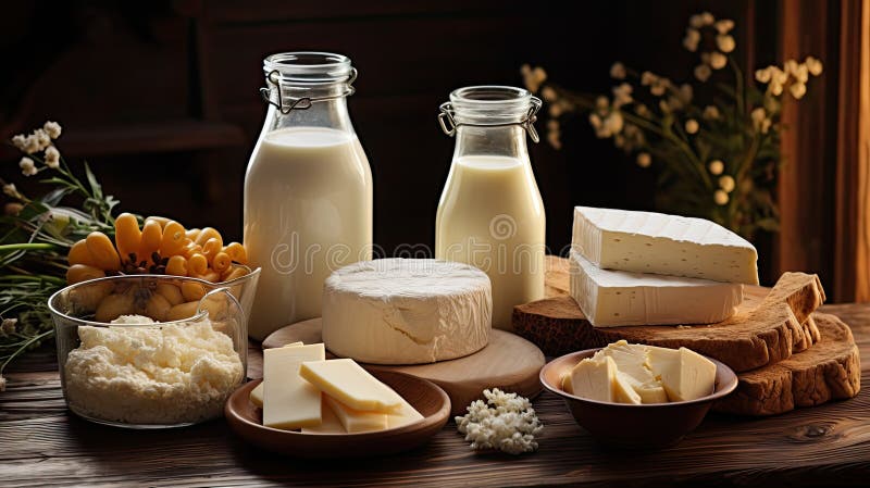 Milk and Several Types of Cheese and Cottage Cheese Stock Illustration ...