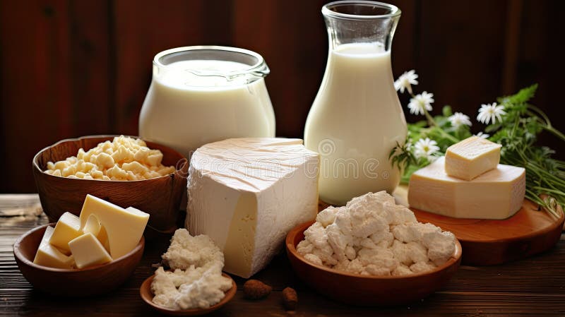 Milk and Several Types of Cheese and Cottage Cheese Stock Illustration ...