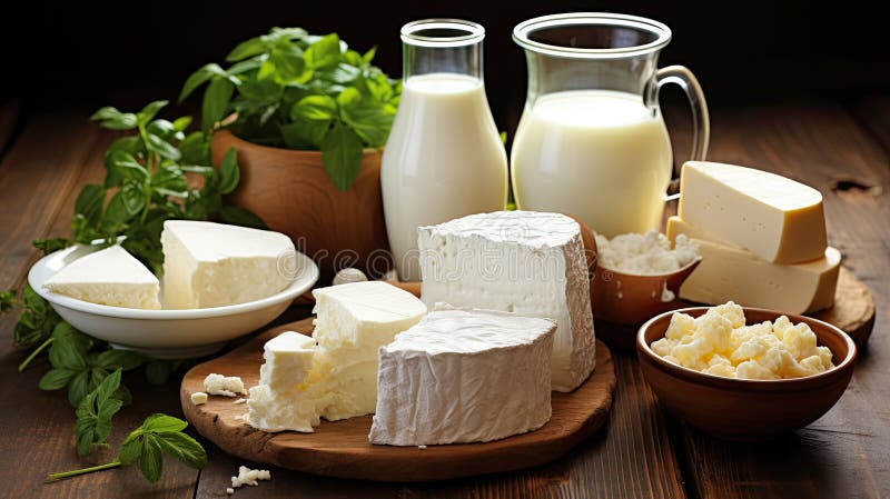 Milk and Several Types of Cheese and Cottage Cheese Stock Illustration ...
