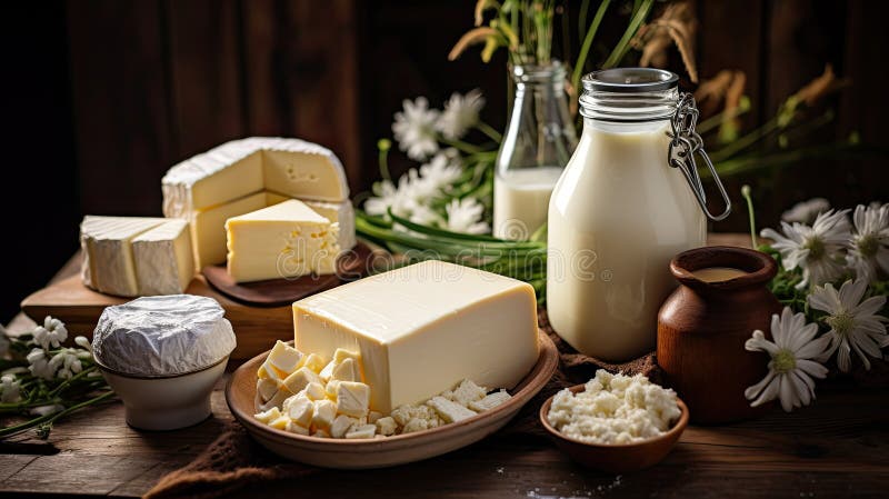 Milk and Several Types of Cheese and Cottage Cheese Stock Illustration ...