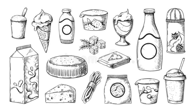 Milk Sketch Hand Drawn Dairy Products In Jugs And Jars Farm Yogurt