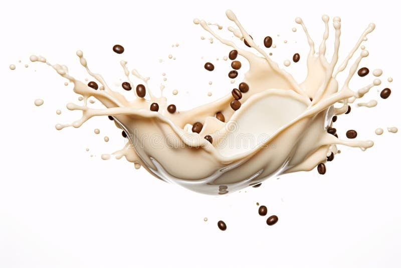 Milk Splash with Coffee Beans in Front of White Background Stock ...