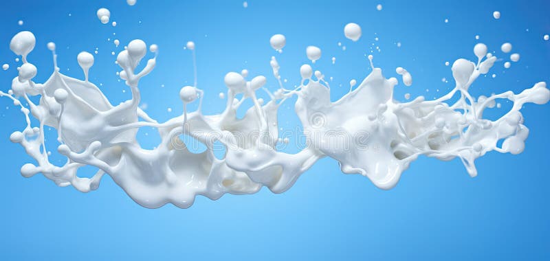 Milk Splash or Cream Wave with Drops on Blue Background, Wide ...