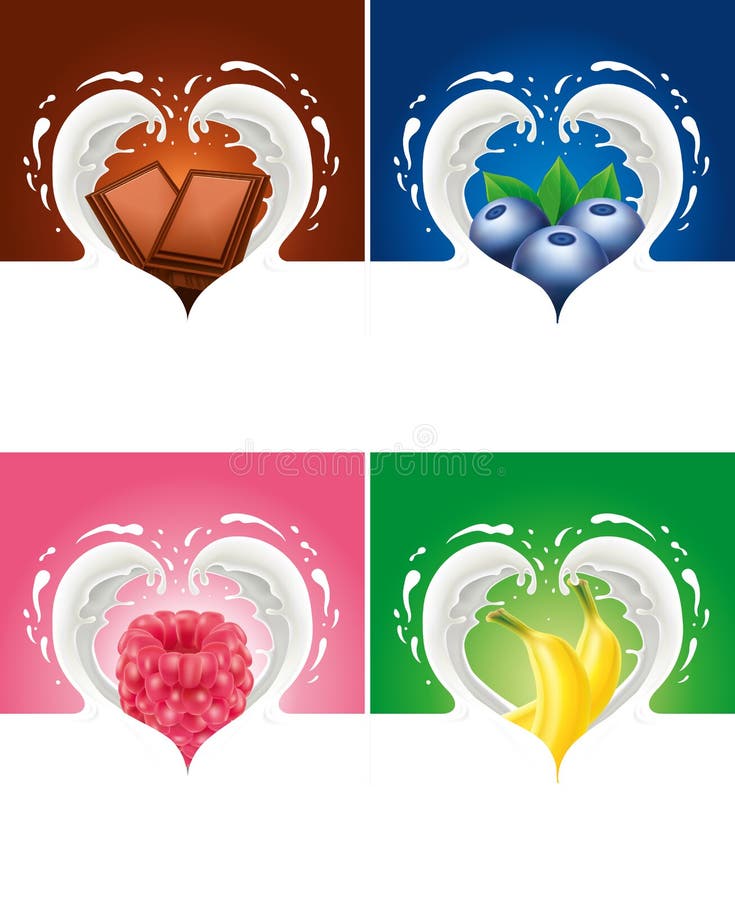 Milk Splash Creating Heart with Raspberry, Chocolate, Blueberry, Banana ...