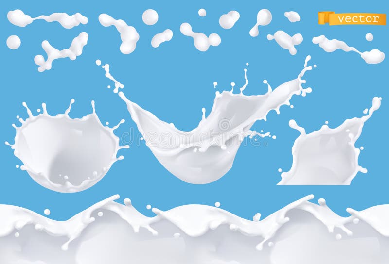 Milk Splash, Drop and Seamless Pattern. 3d Realistic Vector Set Stock ...