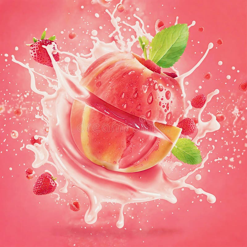 Milk Splash with Peach, Strawberry and Mint. Stock Illustration ...