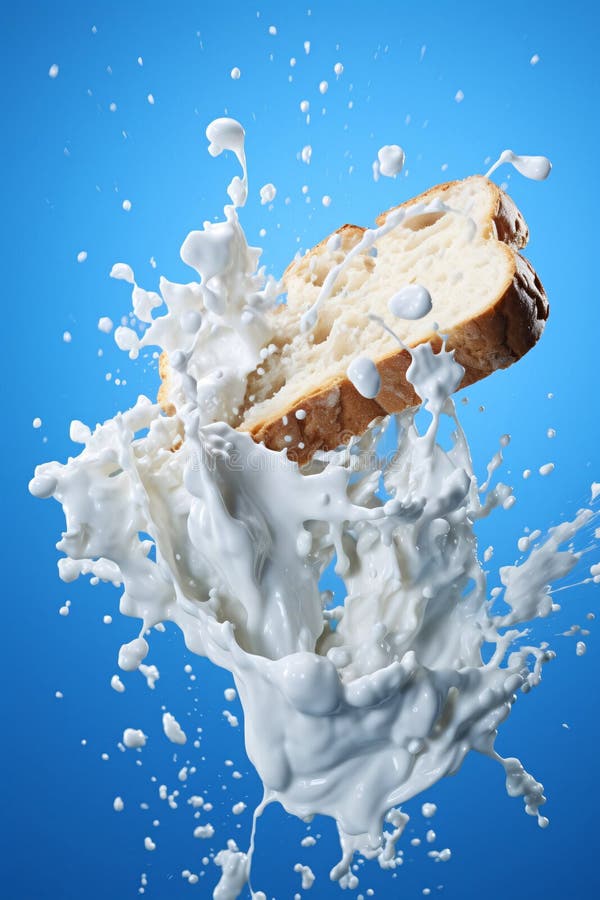 Milk Splash on Sliced Bread Against Blue Background AI Generated Stock ...