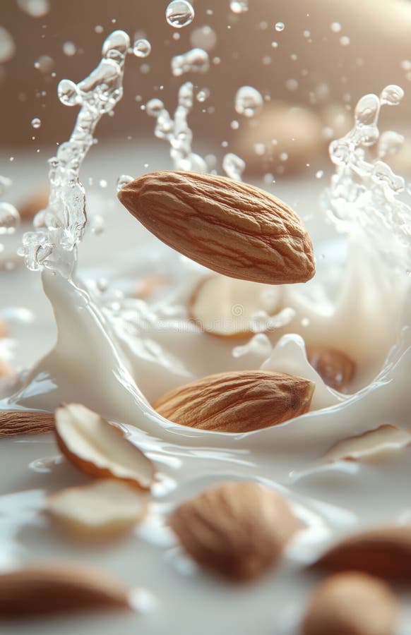 Milk Splashes and Raw Almond Nuts Falling Onto Table Stock Image ...