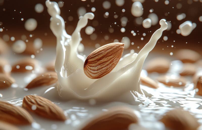 Milk Splashes and Raw Almond Nuts Falling Onto Table Stock Photo ...