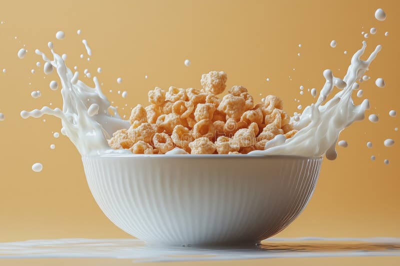Milk Splashing into Bowl of Cereal Against Yellow Background Stock ...