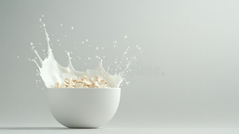 Milk Splashing into Bowl of Cereal on Plain Background Stock Photo ...