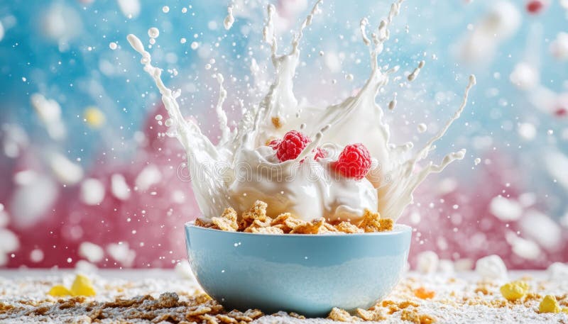 Milk Splashing into Bowl of Cereal with Raspberries Stock Photo - Image ...