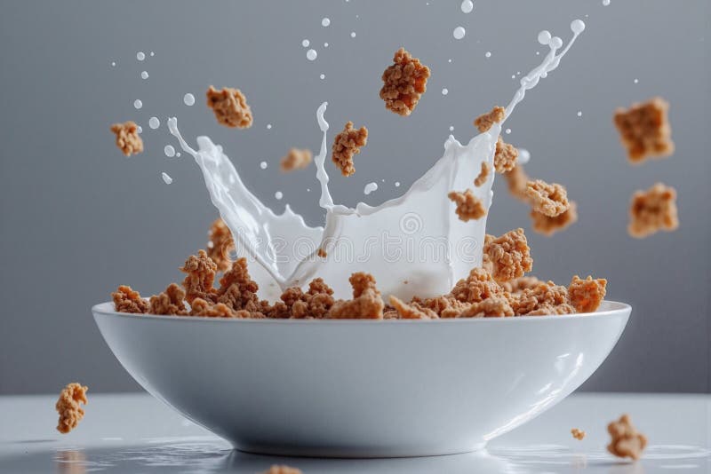 Milk Splashing Dramatically with Falling Cereal Pieces Stock Photo ...