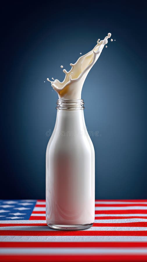 Milk Splashing from Glass Bottle on American Flag Background Stock ...