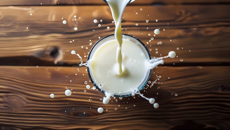 Milk Splashing into Glass on Wooden Table, Top View. Stock Photo ...