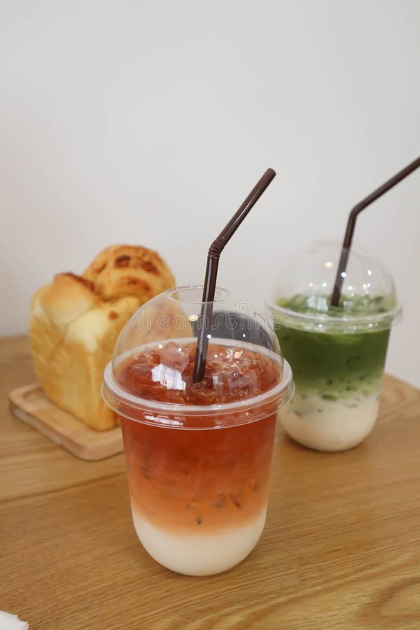 Milk Tea, Green Tea and Bread Stock Photo - Image of park, delivery ...