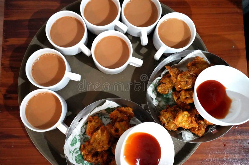 Milk Tea with Vegetable Snacks and Ketchup Stock Photo - Image of ...