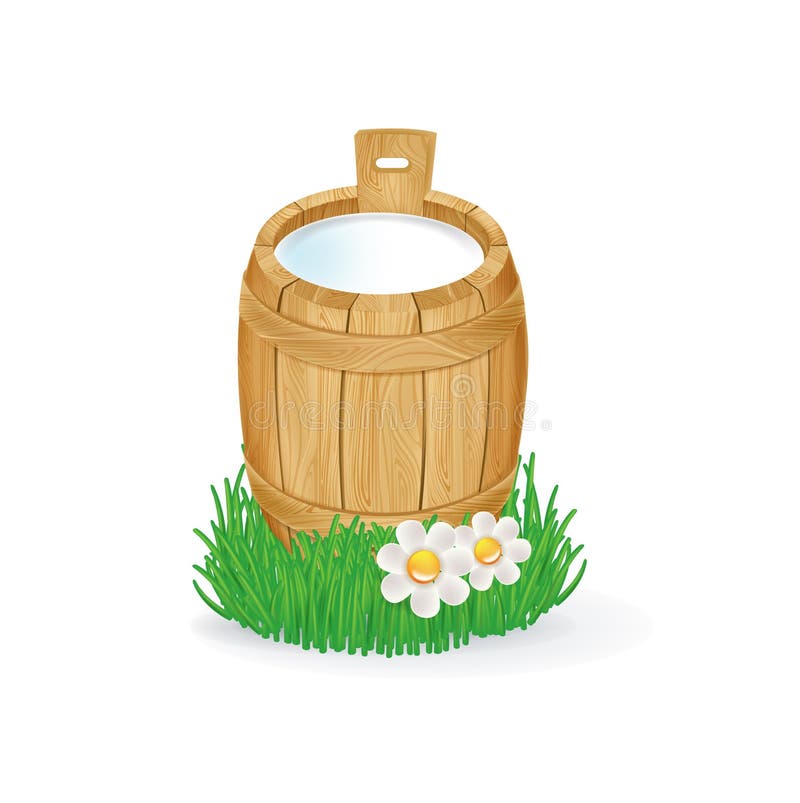 Milk in Wooden Bucket Isolated on White Stock Vector - Illustration of ...