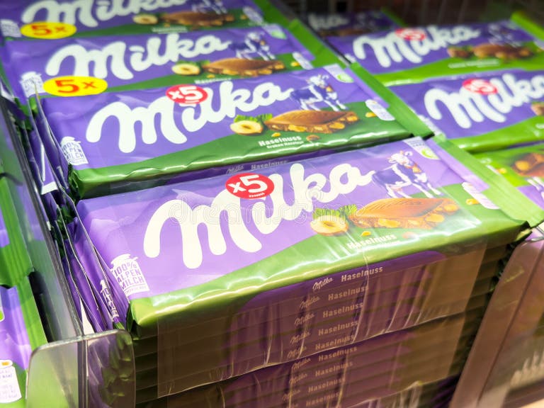 Milka Hazelnut Chocolate Bars in Bulk Packaging Displayed on Store ...