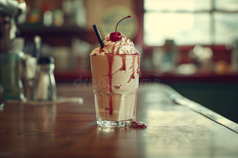 Milkshake with Cherry on Top on Table Stock Illustration - Illustration ...