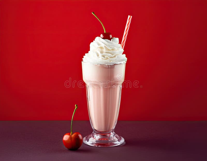 Milkshake with a Cherry with Whipped Cream, Isolated on Bright Solid ...