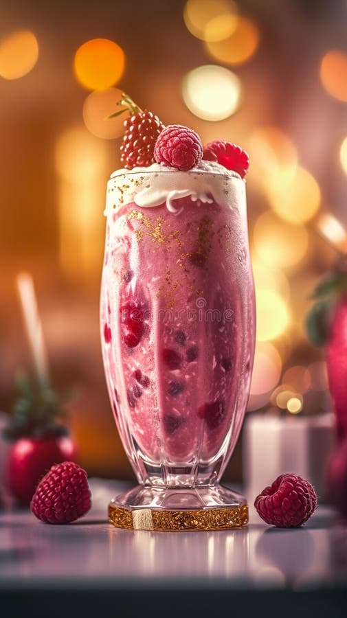 Raspberry Milkshake with Fruits on a Bright Blur Background Stock ...
