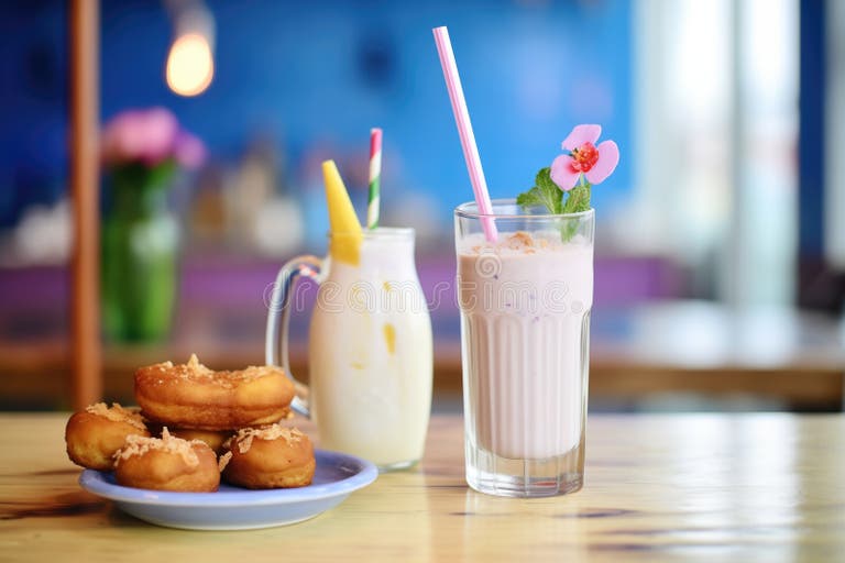 Milkshake with Doughnut on the Straw, Pastries in the Backdrop Stock ...