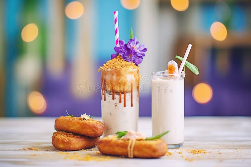 Milkshake with Doughnut on the Straw, Pastries in the Backdrop Stock ...