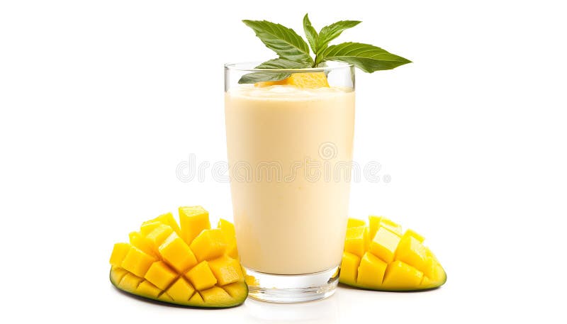 Milkshake with Fresh Mango Pieces on White Background Stock Photo ...