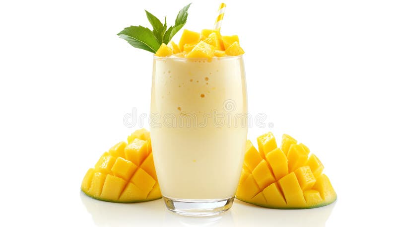 Milkshake with Fresh Mango Pieces on White Background Stock Image ...
