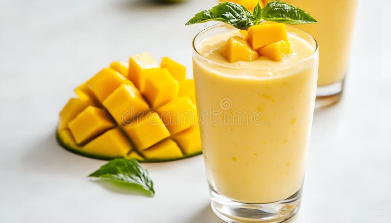 Milkshake with Fresh Mango Pieces on White Background Stock Image ...