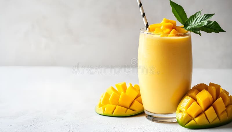 Milkshake with Fresh Mango Pieces on White Background Stock Photo ...