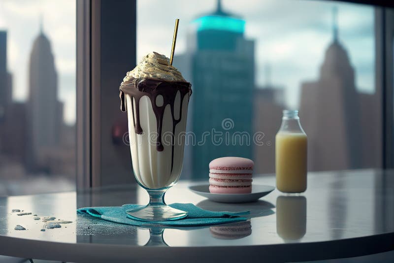 Milkshake on Glass Table with Cityscape Background. Generative AI Stock ...