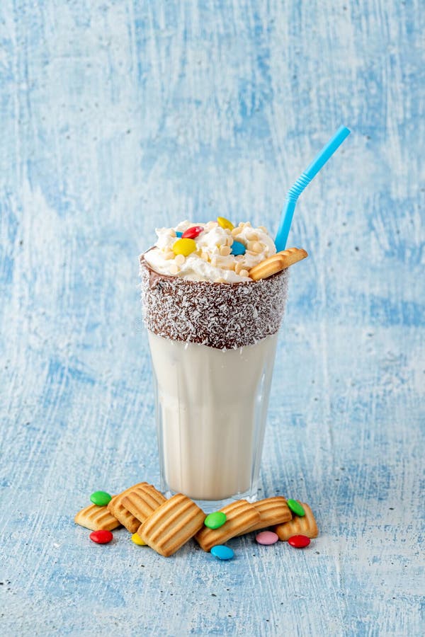 Milkshake with Milk and Baby Biscuit Decorated with Dragee Sugar Stock ...