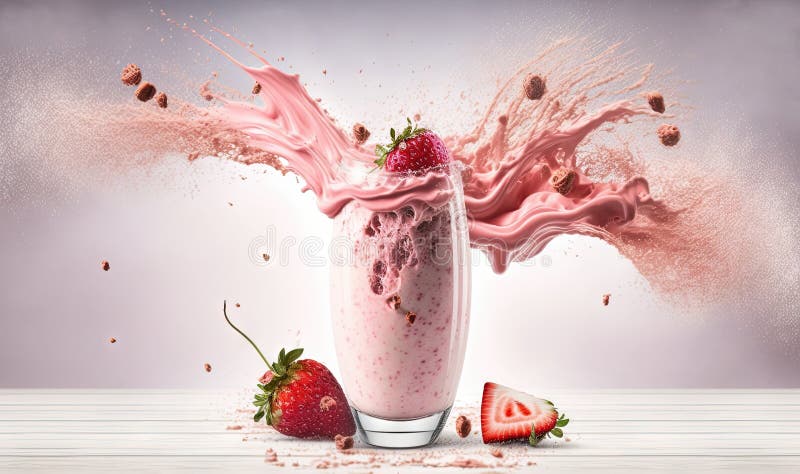 A Milkshake with Strawberries and Milk Splashing Out of it Stock ...
