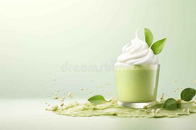 Milkshake with Whipped Cream and Green Leaves on Light Green Background ...