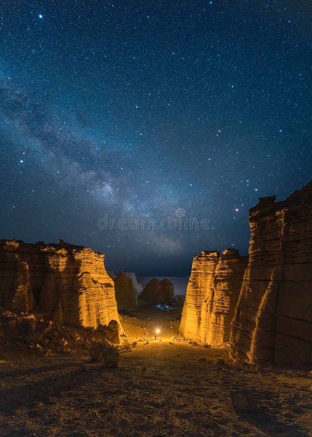 The Milky Shines Above Eroded Cliffs on a Starry Night Stock Photo ...