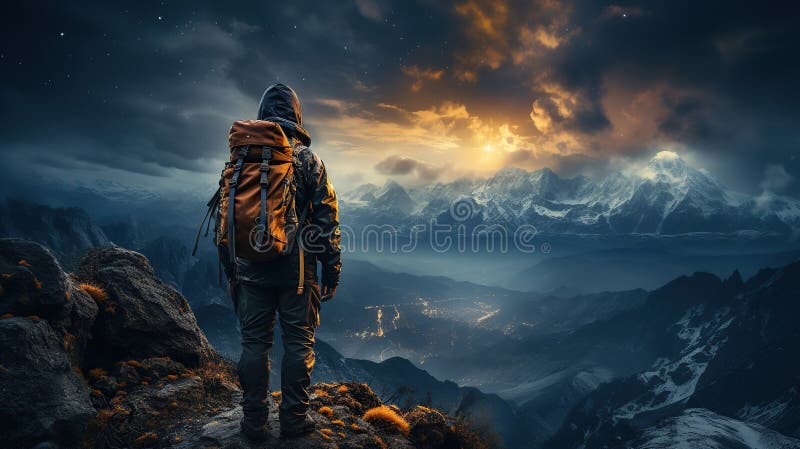 Milky Way Arch and Man on the Mountain Peak at Starry Night Stock ...