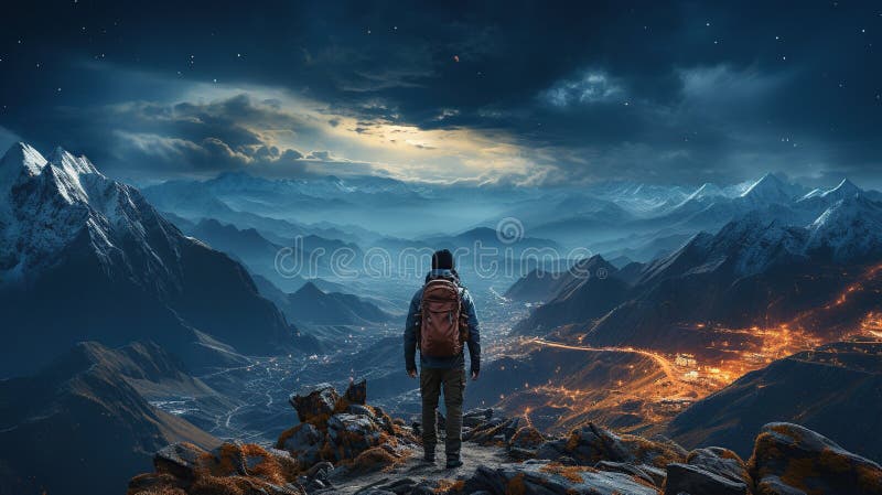 Milky Way Arch and Man on the Mountain Peak at Starry Night Stock ...