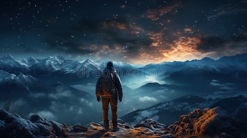 Milky Way Arch and Man on the Mountain Peak at Starry Night Stock ...