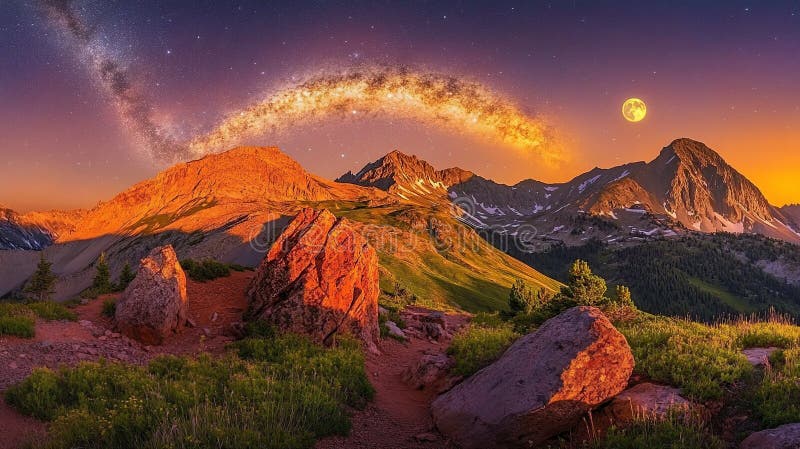Milky Way Arch Over Sunset Mountain Range Stock Image - Image of travel ...