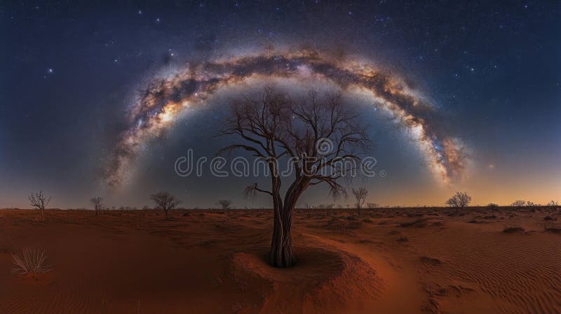 Milky Way Arcing Over Lone Desert Tree at Night Stock Illustration ...