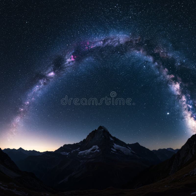 Milky Way Arcing Over Snowy Mountain Peak at Night Stock Illustration ...