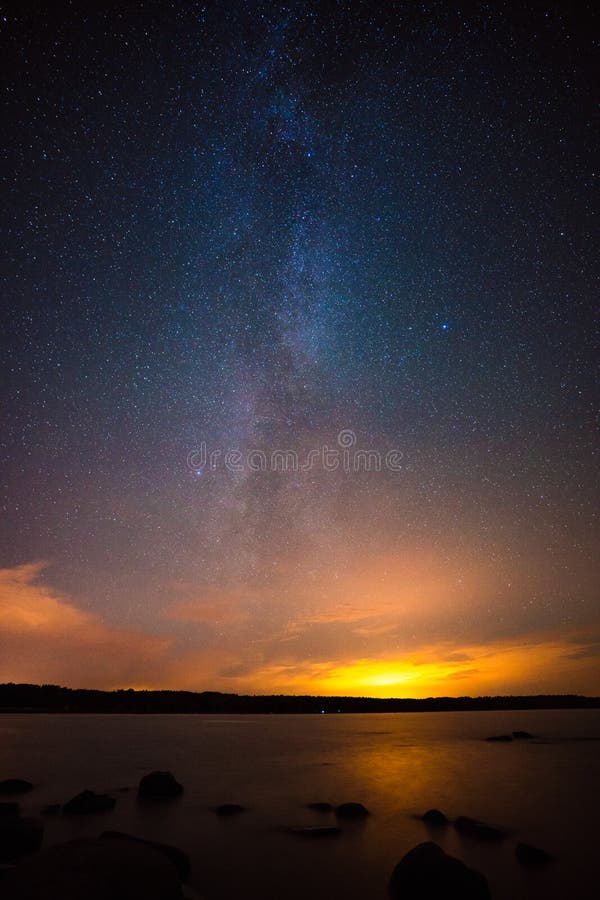 Beautiful Starry Night Sky with Milky Way and Water. Stock Photo ...