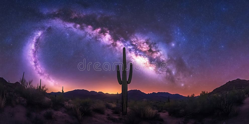 Milky Way Desert Night Sky Cactus Stock Illustration - Illustration of ...