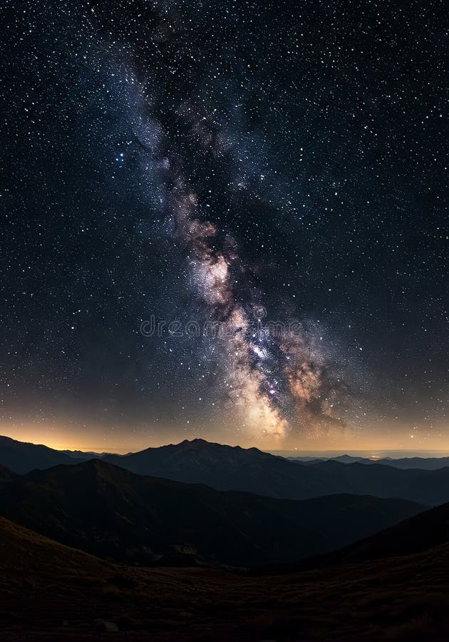 Milky Way Galaxy Over Dark Mountain Range at Night Stock Illustration ...