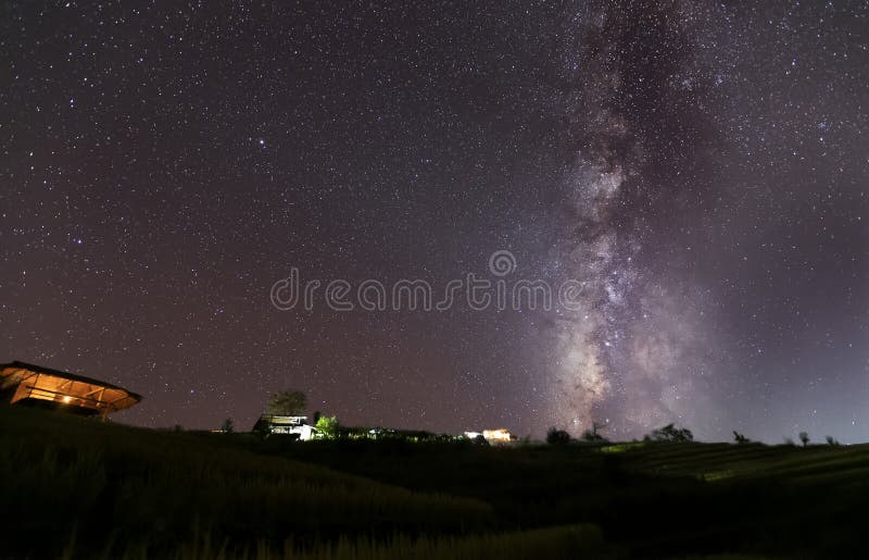 Milky Way Galaxy Over Hut on Paddy Rice Field at Night Sky Stock Image ...