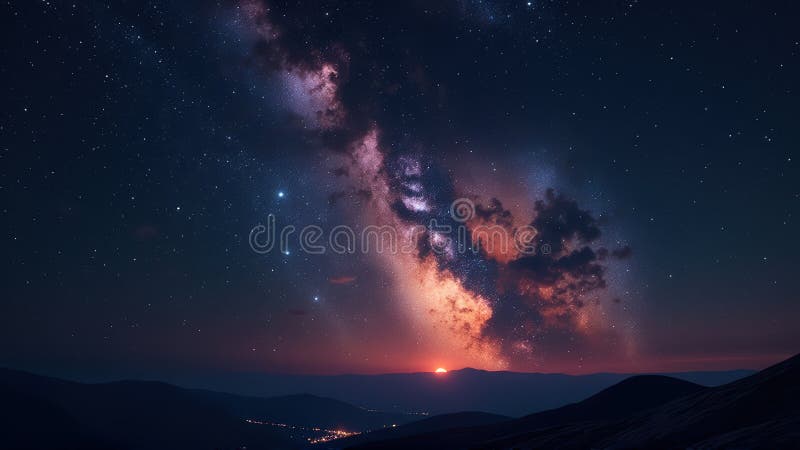 Milky Way Galaxy Over Mountain Range at Sunset Stock Illustration ...