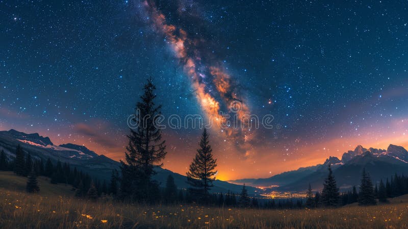 Milky Way Galaxy Over Mountains at Night Stock Illustration ...